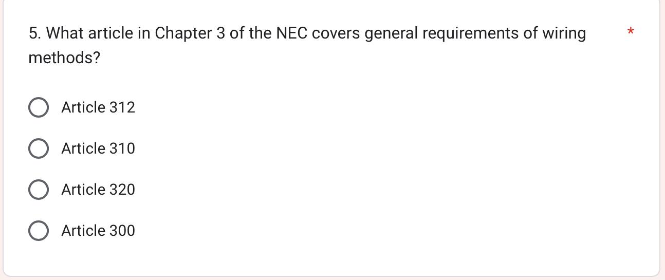 Solved What article in Chapter 3 ﻿of the NEC covers general | Chegg.com