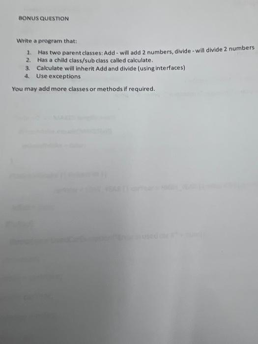 Solved BONUSQUESTION Write a program that: 1. Has two parent | Chegg.com