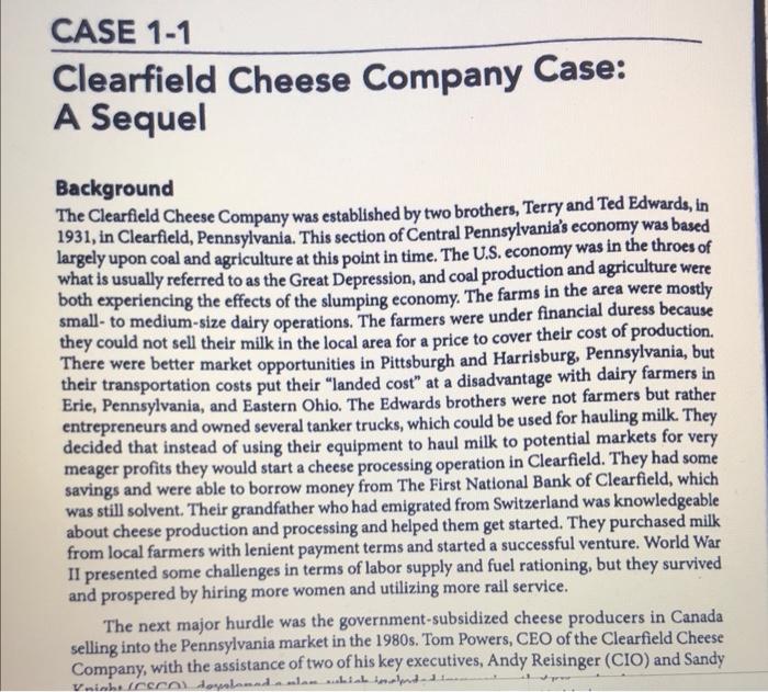 Solved Clearfield Cheese Company Case: A Sequel Background | Chegg.com