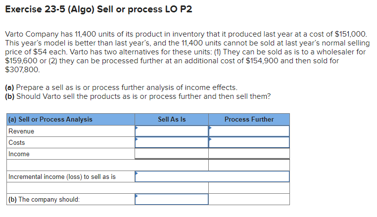 Solved Exercise 23-5 (Algo) ﻿Sell or process LO P2Varto | Chegg.com