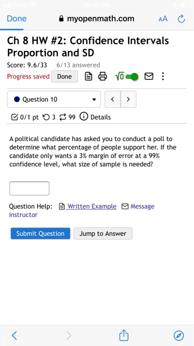 Solved Done myopenmath.com AA с Ch 8 HW #2: Confidence | Chegg.com