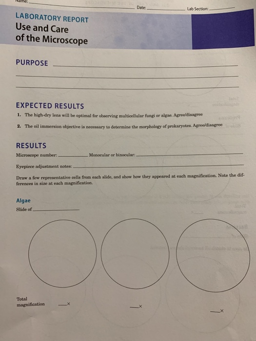 Date: Lab Section: LABORATORY REPORT Use and Care of | Chegg.com