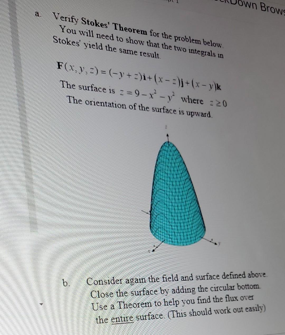Solved a. Verify Stokes' Theorem for the problem below. | Chegg.com