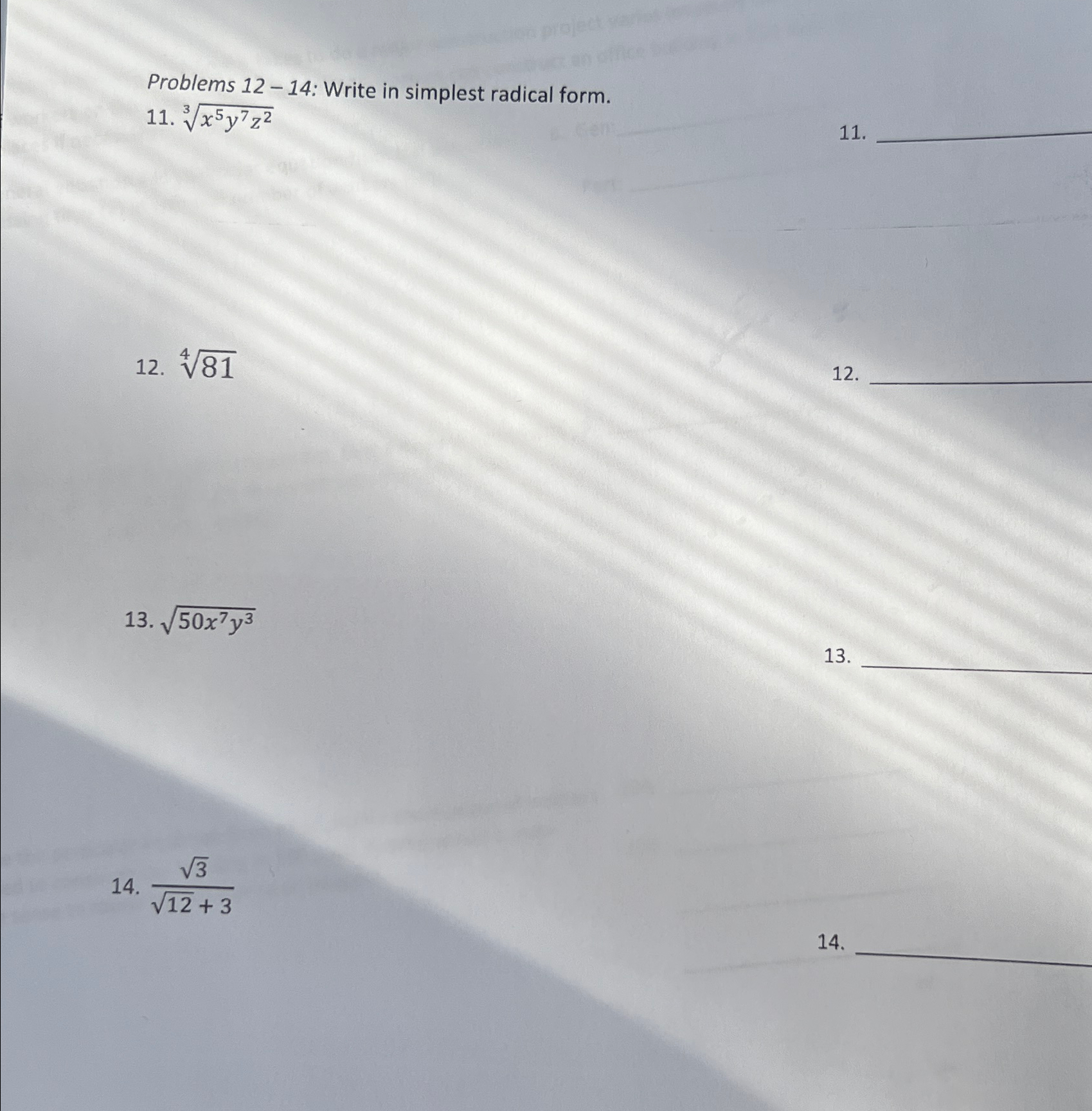 Solved Problems 12 - 14: Write in simplest radical | Chegg.com