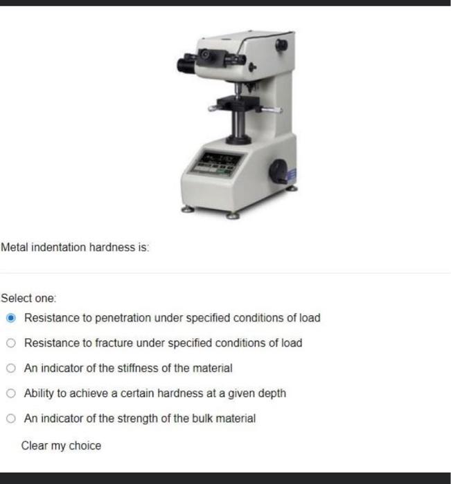 Solved Metal indentation hardness is: Select one: Resistance | Chegg.com