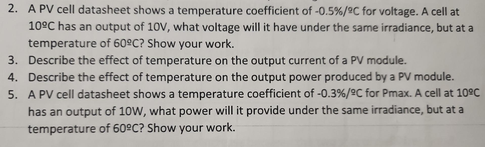 Solved 2. A PV cell datasheet shows a temperature | Chegg.com