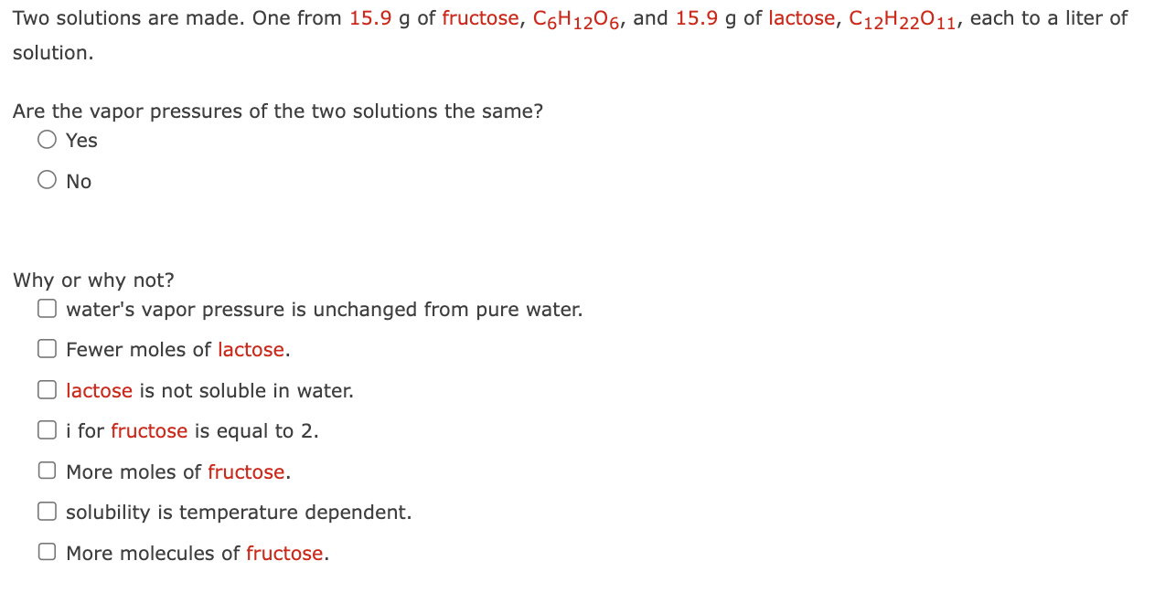 Solved Two solutions are made. One from 15.9g ﻿of fructose, | Chegg.com