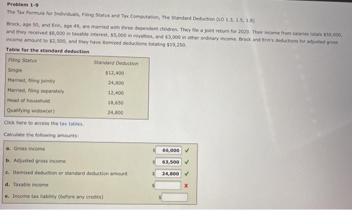 Solved Problem 1-9 The Tax Formula for Individuals, Filing | Chegg.com
