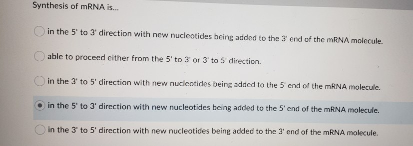 Solved Synthesis of mRNA is... in the 5' to 3' direction | Chegg.com