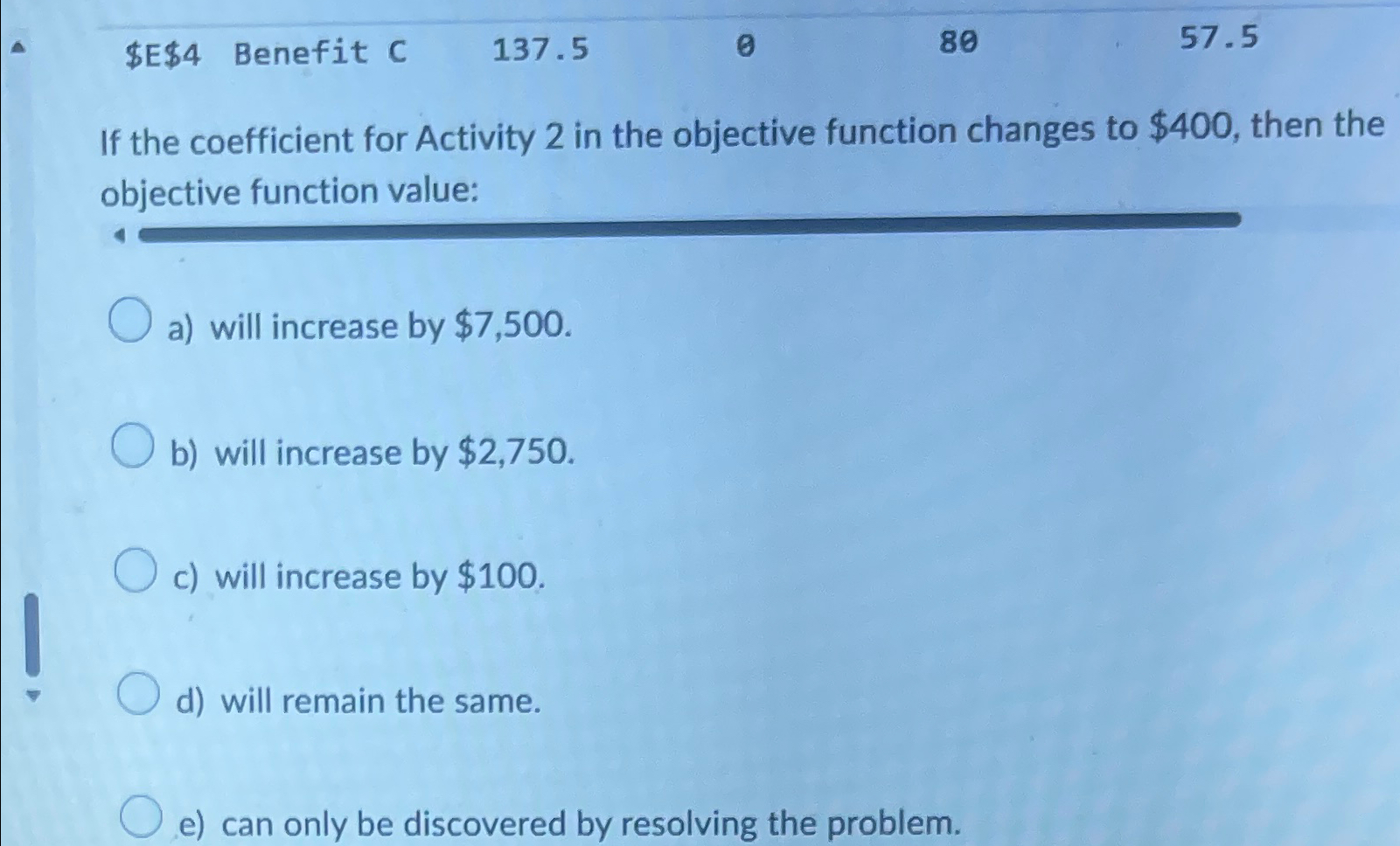 $E$4Benefit C137.5θ8057.5If the coefficient for | Chegg.com
