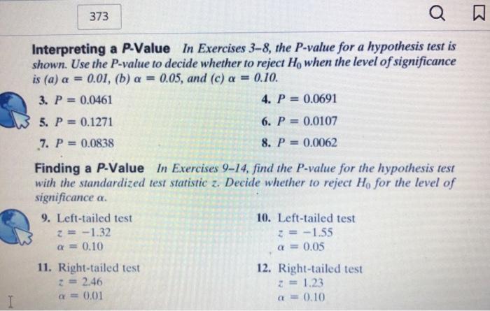 Solved 373 a Q W Interpreting a P.Value In Exercises 3-8, | Chegg.com