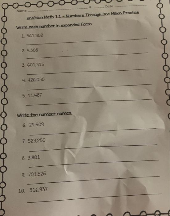 Solved Name Date en Vision Math 11 - Numbers Through One | Chegg.com