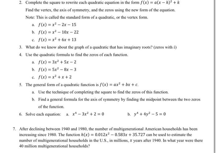 Solved 2. Complete the square to rewrite each quadratic | Chegg.com