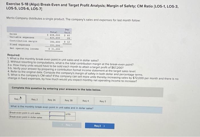 Solved Exercise 5-18 (Algo) Break-Even and Target Profit | Chegg.com