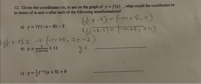 Solved 12. Given the coordinates (m,n) are on the graph of | Chegg.com