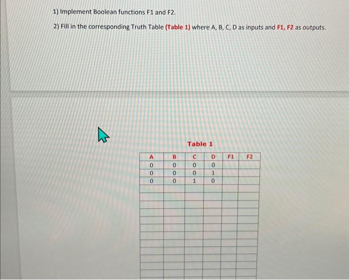 1) Implement Boolean functions F1 and F2. 2) Fill in | Chegg.com 1) Implement Boolean functions F1 and F2. 2) Fill in | Chegg.com