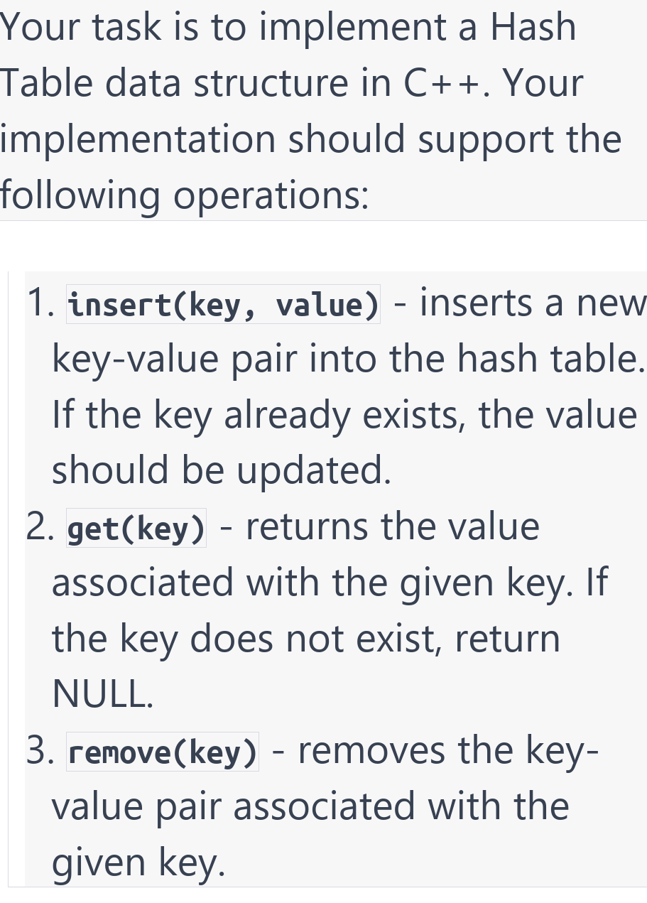 Solved Your task is to implement a Hash Table data structure | Chegg.com