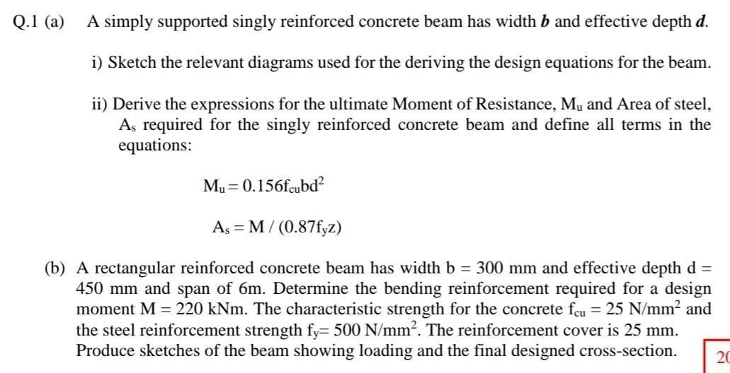 Solved 1 (a) A simply supported singly reinforced concrete | Chegg.com