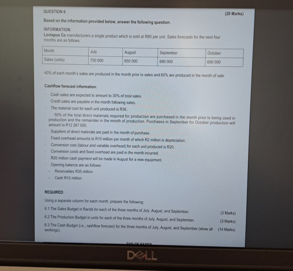 Solved QUESTION 6(20 ﻿Marks)Based on the information | Chegg.com