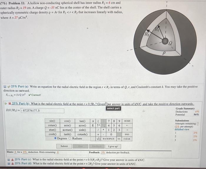 Solved (7\%) Problem 11: A hollow non-conducting spherical | Chegg.com