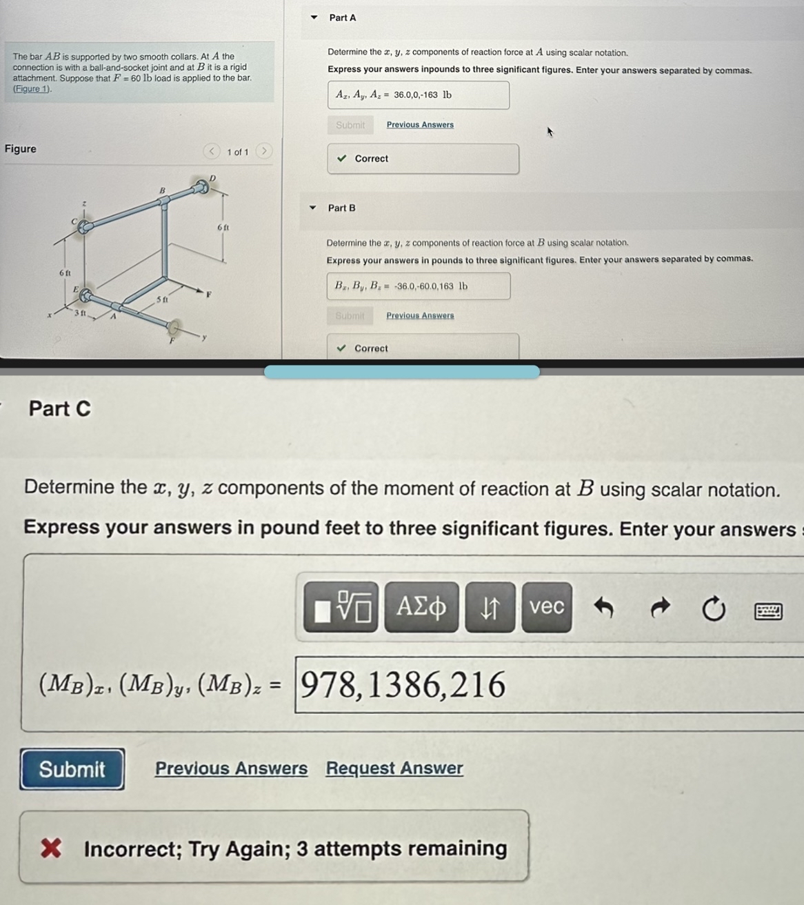 Solved Part AThe bar AB ﻿is supported by two smooth collars. | Chegg.com