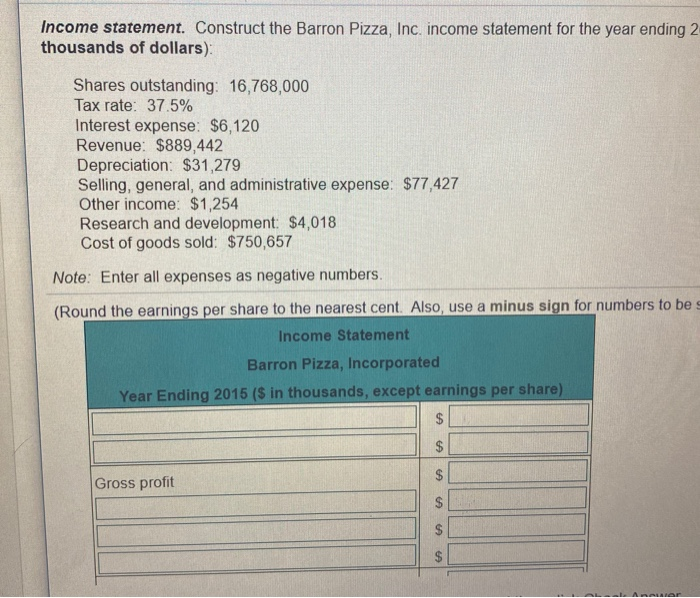 Solved Income statement. Construct the Barron Pizza, Inc. | Chegg.com