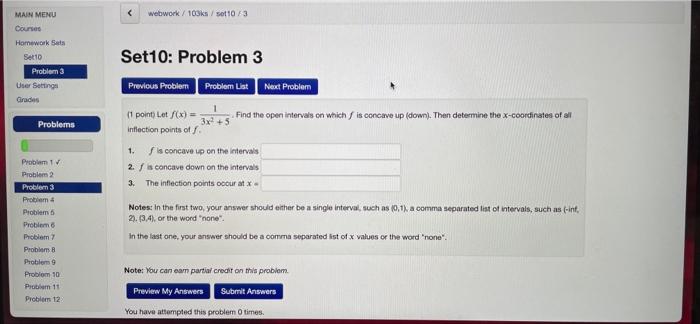 Solved webwork/100ks/ Sot 10/3 MAIN MENU Courses Homework | Chegg.com