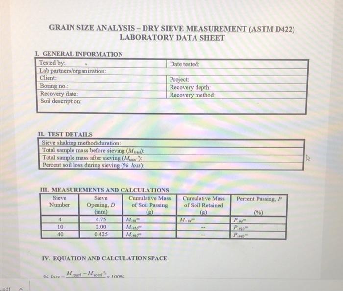 Solved GRAIN SIZE ANALYSIS - DRY SIEVE MEASUREMENT (ASTM | Chegg.com