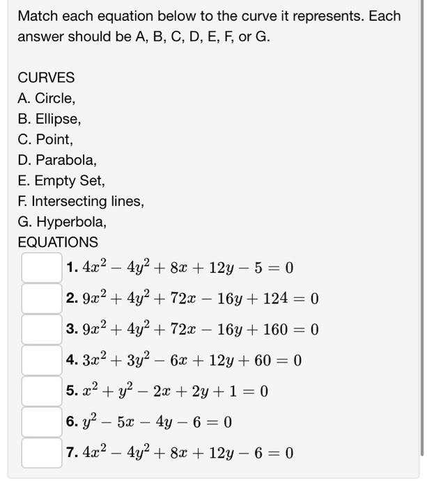 Solved Match each equation below to the curve it represents. | Chegg.com
