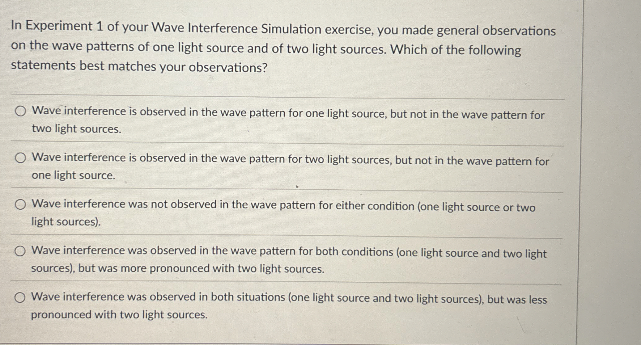 Solved In Experiment 1 ﻿of your Wave Interference Simulation | Chegg.com
