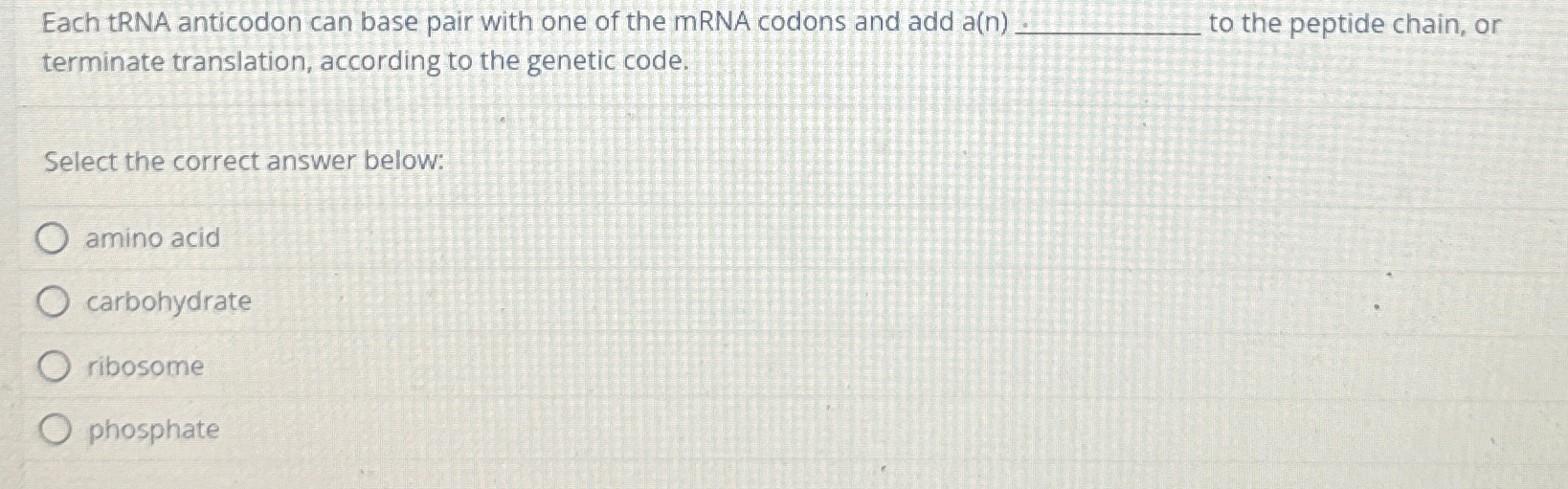 Solved Each tRNA anticodon can base pair with one of the | Chegg.com