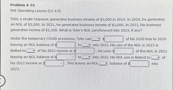 Solved Net Operating Losses (LO 4.9) Tyler, a single | Chegg.com