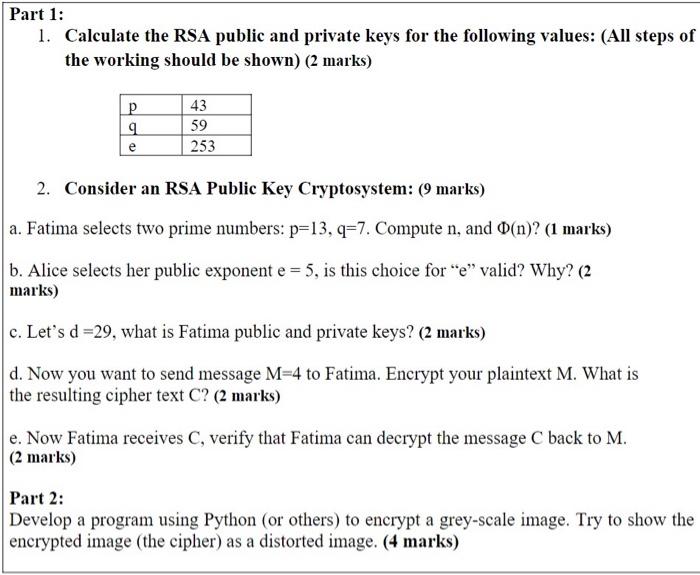 Solved Part 1: 1. Calculate the RSA public and private keys | Chegg.com