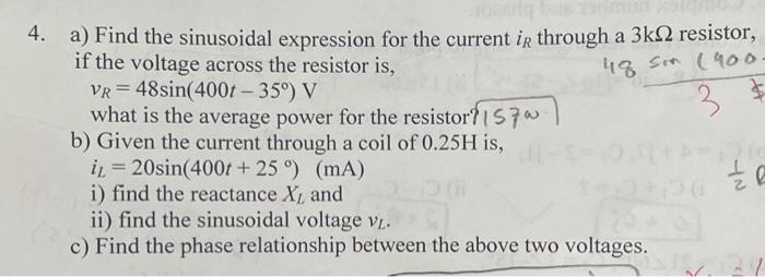 Solved a) Find the sinusoidal expression for the current iR | Chegg.com