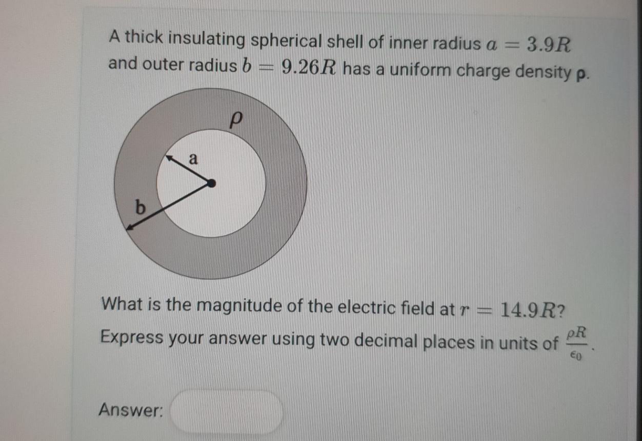 A thick insulating spherical shell of inner radius | Chegg.com