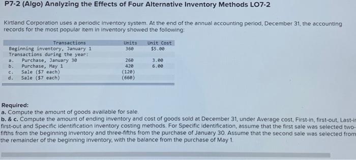 P7-2 (Algo) Analyzing the Effects of Four Alternative | Chegg.com
