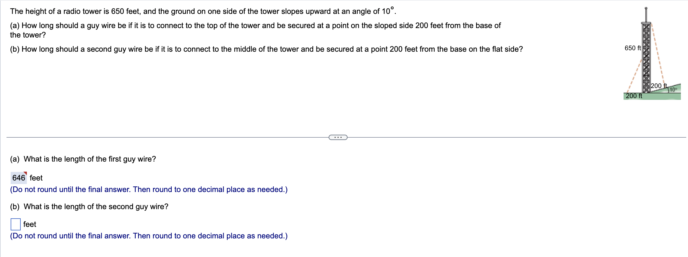 Solved The height of a radio tower is 650 ﻿feet, and the | Chegg.com