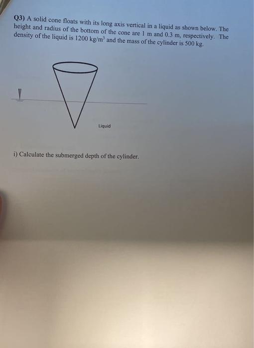 Solved Q3) A solid cone floats with its long axis vertical | Chegg.com