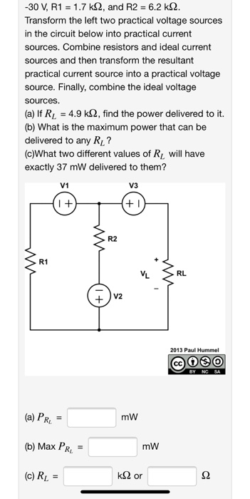 Solved -30 V, R1 = 1.7 k2, and R2 = 6.2 k22. Transform the | Chegg.com