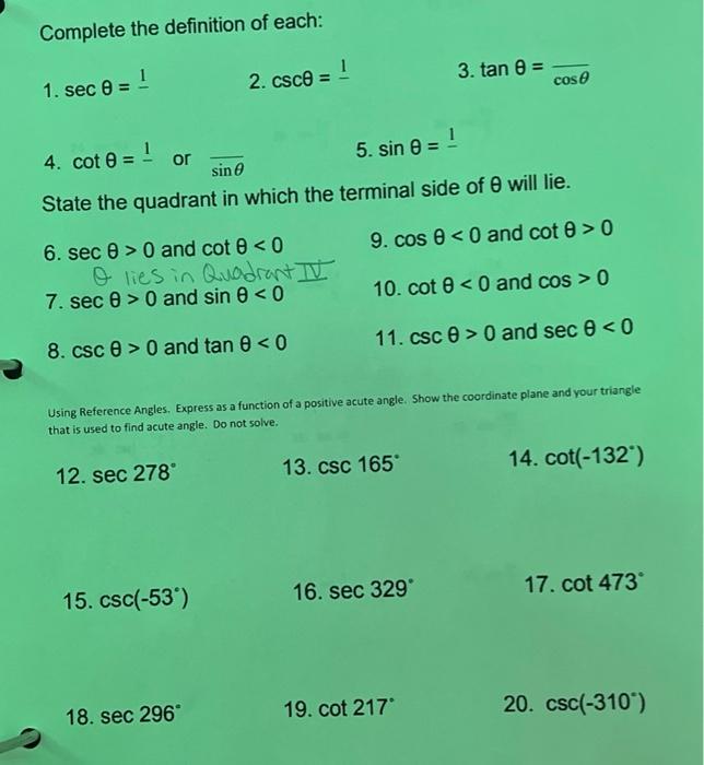 Solved Complete the definition of each: 2. csce=! 3. tan = | Chegg.com