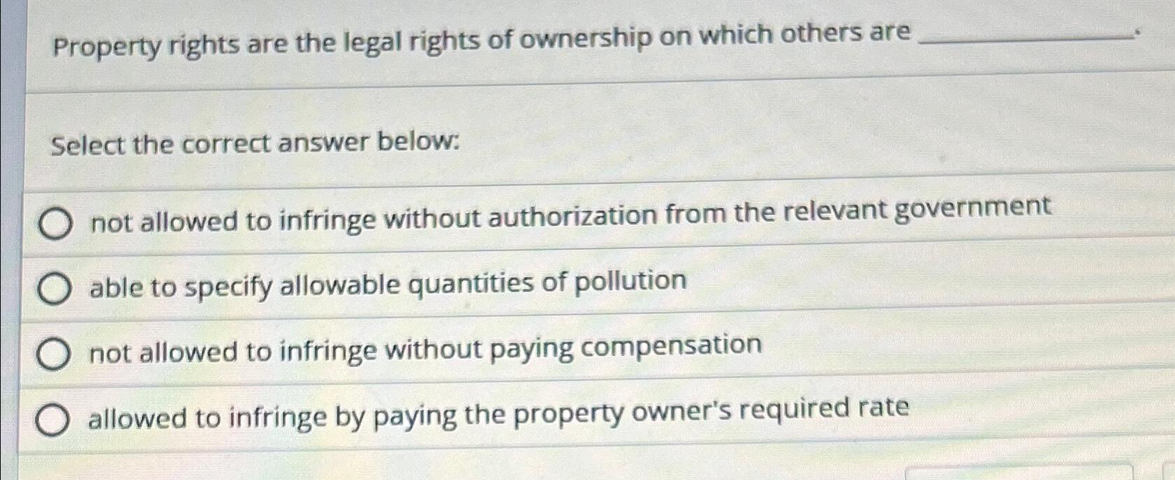 Solved Property rights are the legal rights of ownership on | Chegg.com