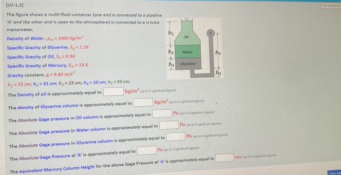 Solved h; Ou hs [LO-1.2) The figure shows a multi-fluid | Chegg.com