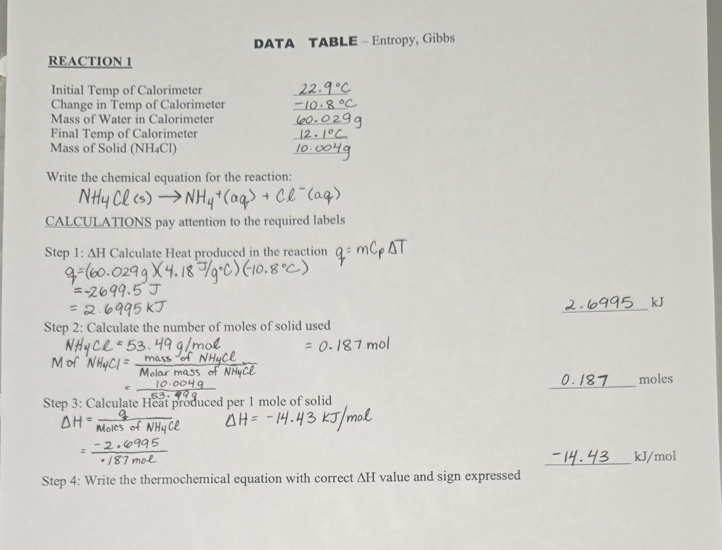 DATA TABLE - ﻿Entropy, GibbsREACTION 1Initial Temp of | Chegg.com
