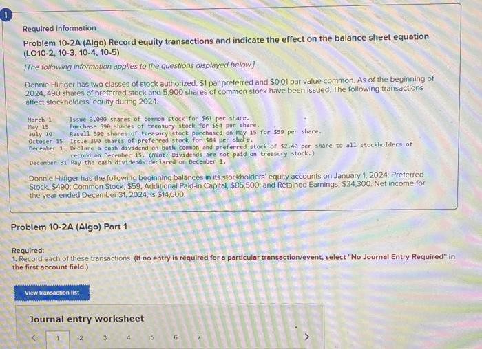 Solved Required information Problem 10-2A (Algo) Record | Chegg.com