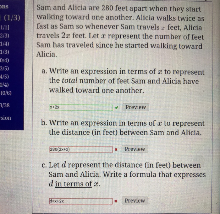 Solved ons - (1/3) 1/1] Sam and Alicia are 280 feet apart | Chegg.com