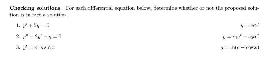 Solved Checking solutions For each differential equation | Chegg.com