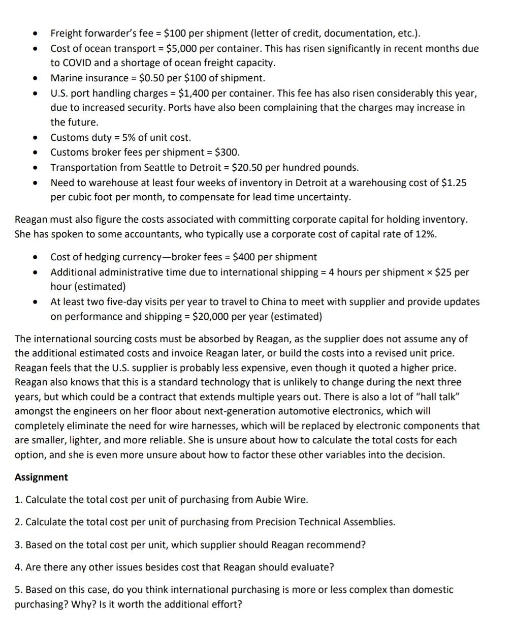 Solved Exercise 4 - Global Sourcing Wire Harness Decision | Chegg.com