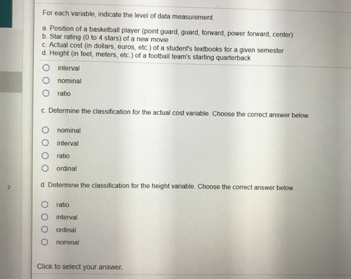 Solved For each variable, indicate the level of data | Chegg.com