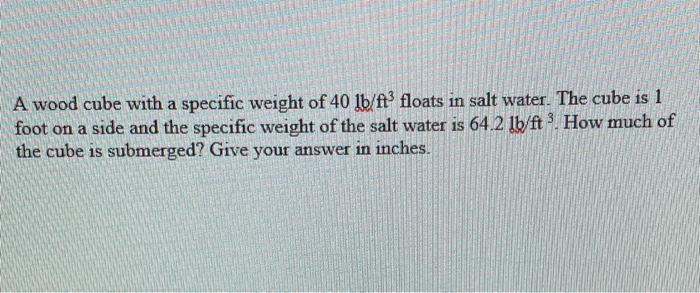 Solved A wood cube with a specific weight of 40db/ft3 floats | Chegg.com