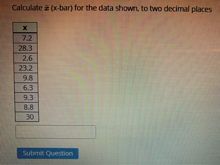 Solved Calculate 7 (x-bar) for the data shown, to two | Chegg.com